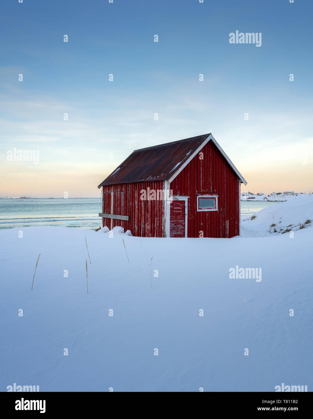 The Red Cabin by the sea, Lofoten Islands, Nordland, Norway, Europe ...
