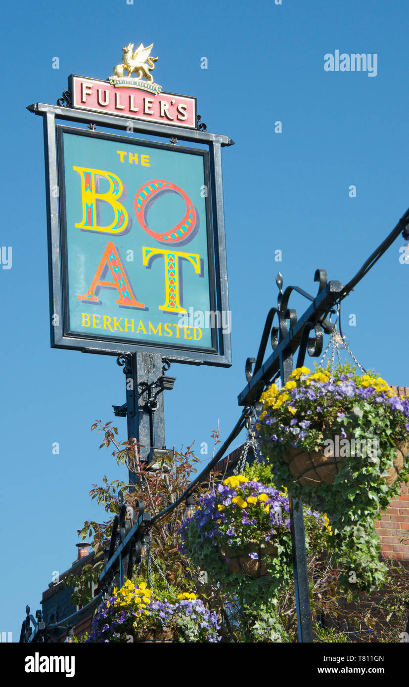 Boat pub sign Grand Union Canal Berkhamsted Hertfordshire England Stock ...