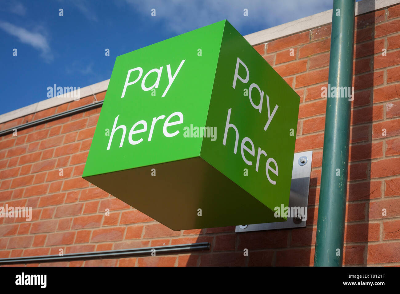 Waitrose Supermarket car park 'Pay Here' signs Stock Photo - Alamy