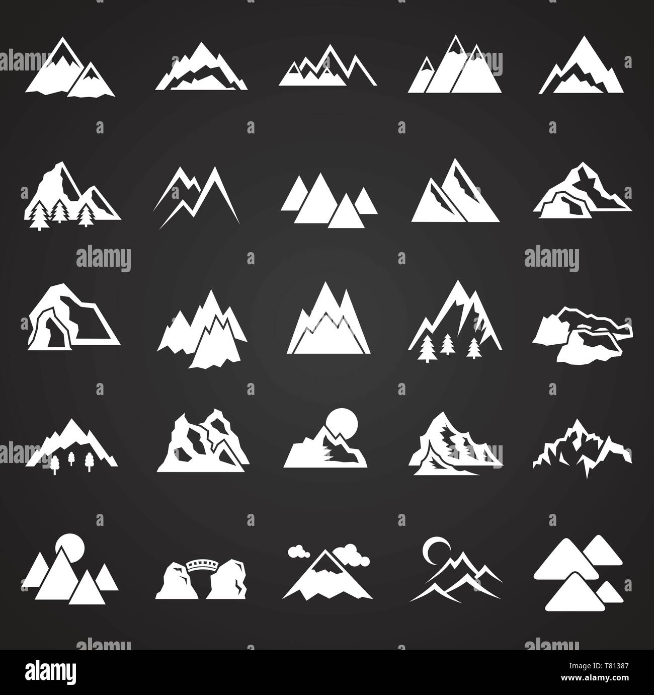 Mountains icons set on black background for graphic and web design ...