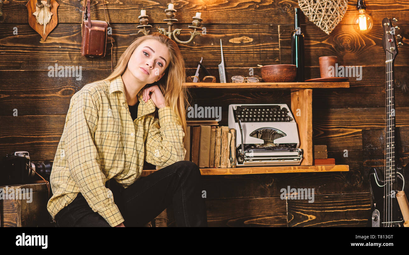 Girl tomboy spend time in house of gamekeeper. Lady on dreamy face in ...