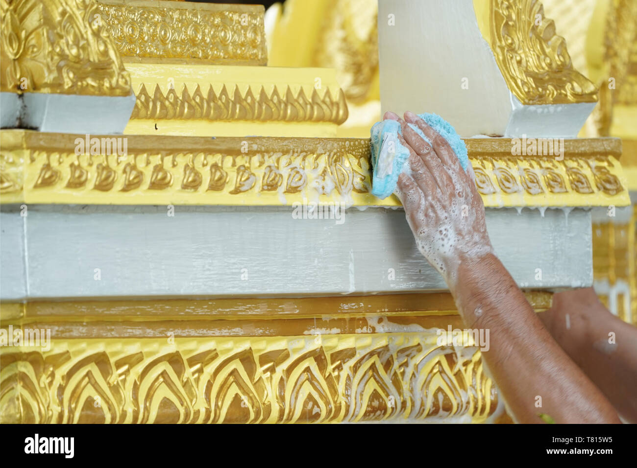 worker was cleaning spirit house., Bangkok, Thailand Stock Photo - Alamy
