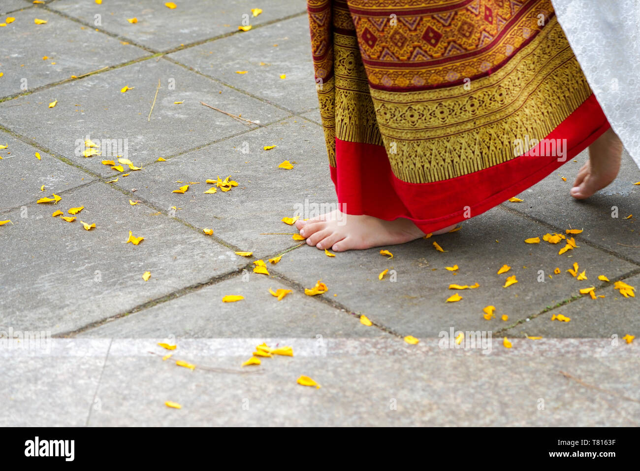 close up foot step of Thai female dancing, with yellow flower on floor ...