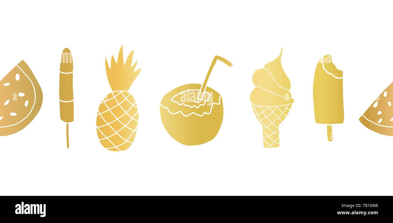 Gold foil summer treats seamless repeating vector border. Banner with ...