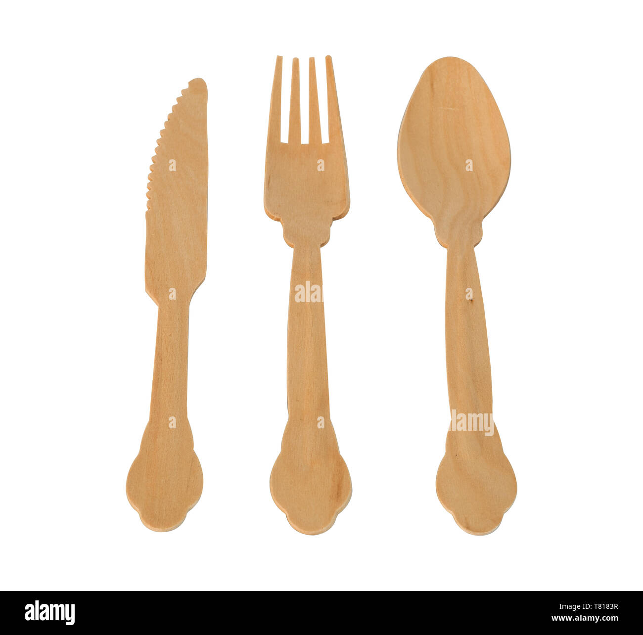 Wooden single use sustainable cutlery set on a white background Stock ...