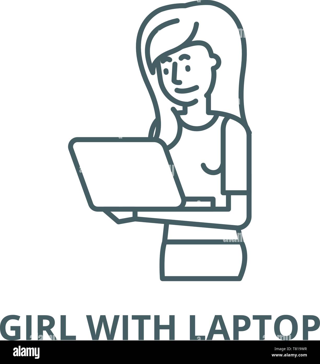 Girl with laptop vector line icon, linear concept, outline sign, symbol ...