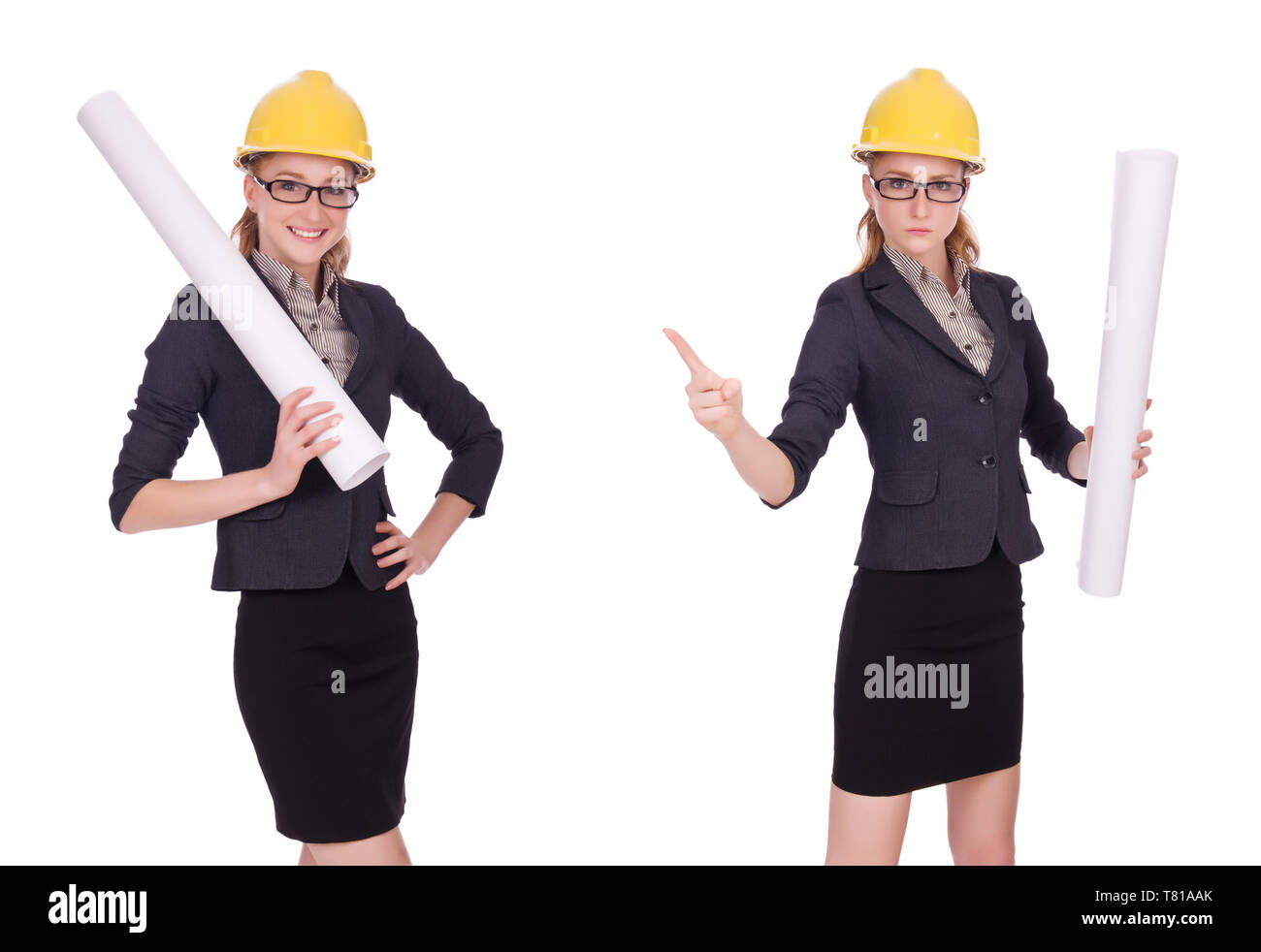 Female architect with blueprint isolated in white Stock Photo - Alamy
