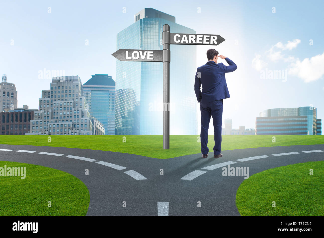 Businessman having hard choice between love and career Stock Photo - Alamy