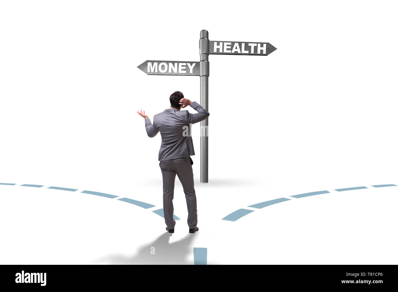 Businessman choosing between money and health Stock Photo - Alamy