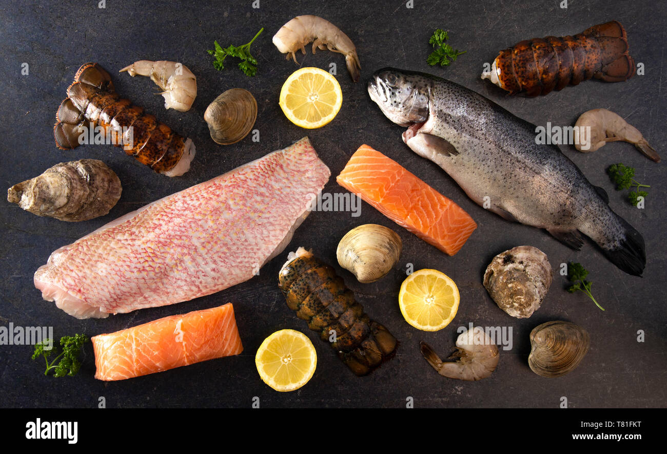 A Collage of Various Seafood Items From a Fishmonger or Fish Market ...