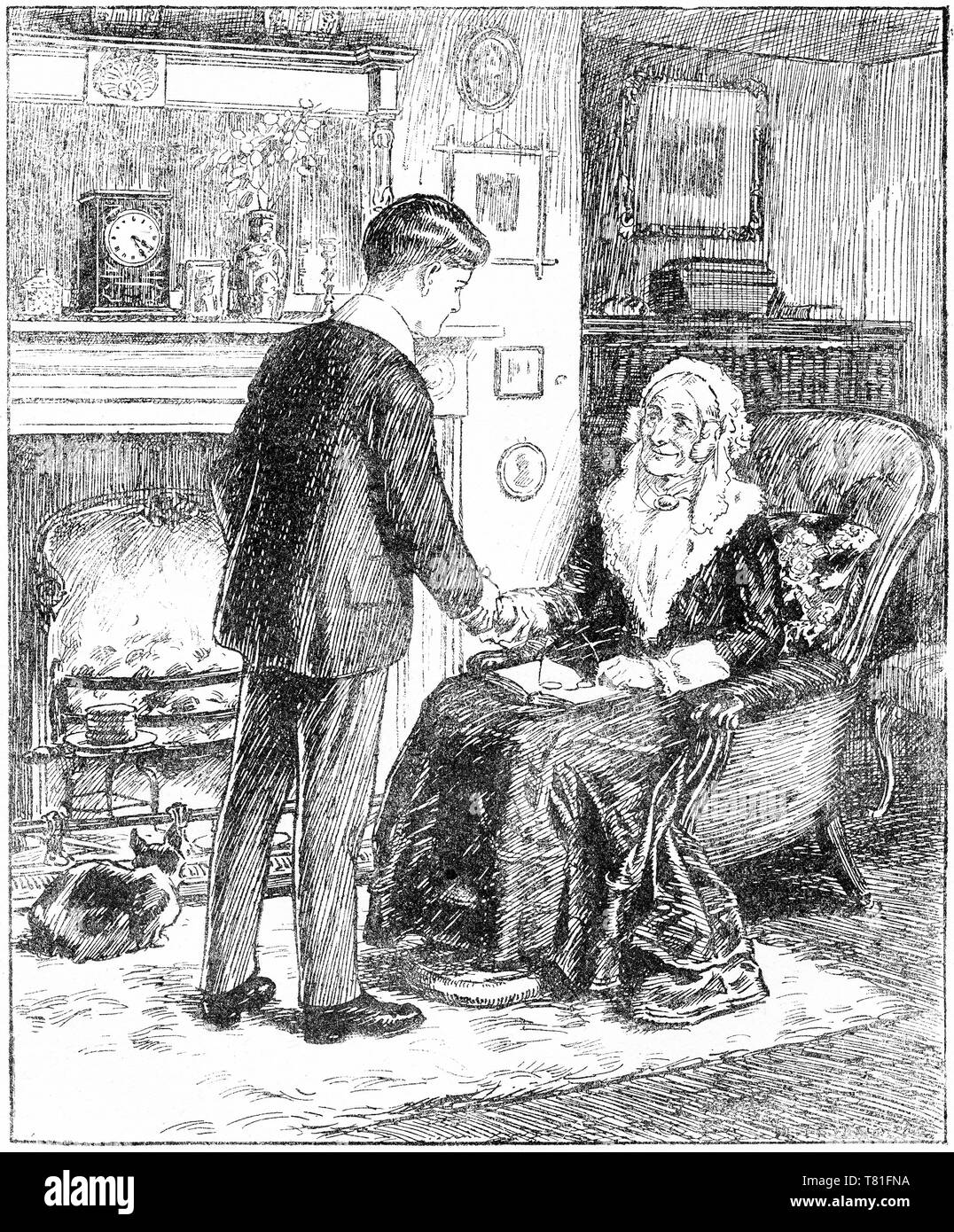 Engraving of an old lady meeting a young man in her home. Chatterbox ...