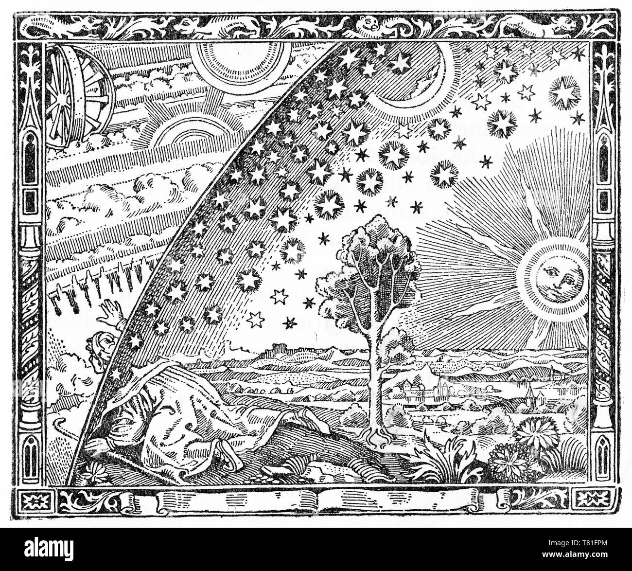 Engraving of a missionary peering over the edge of the world Stock ...