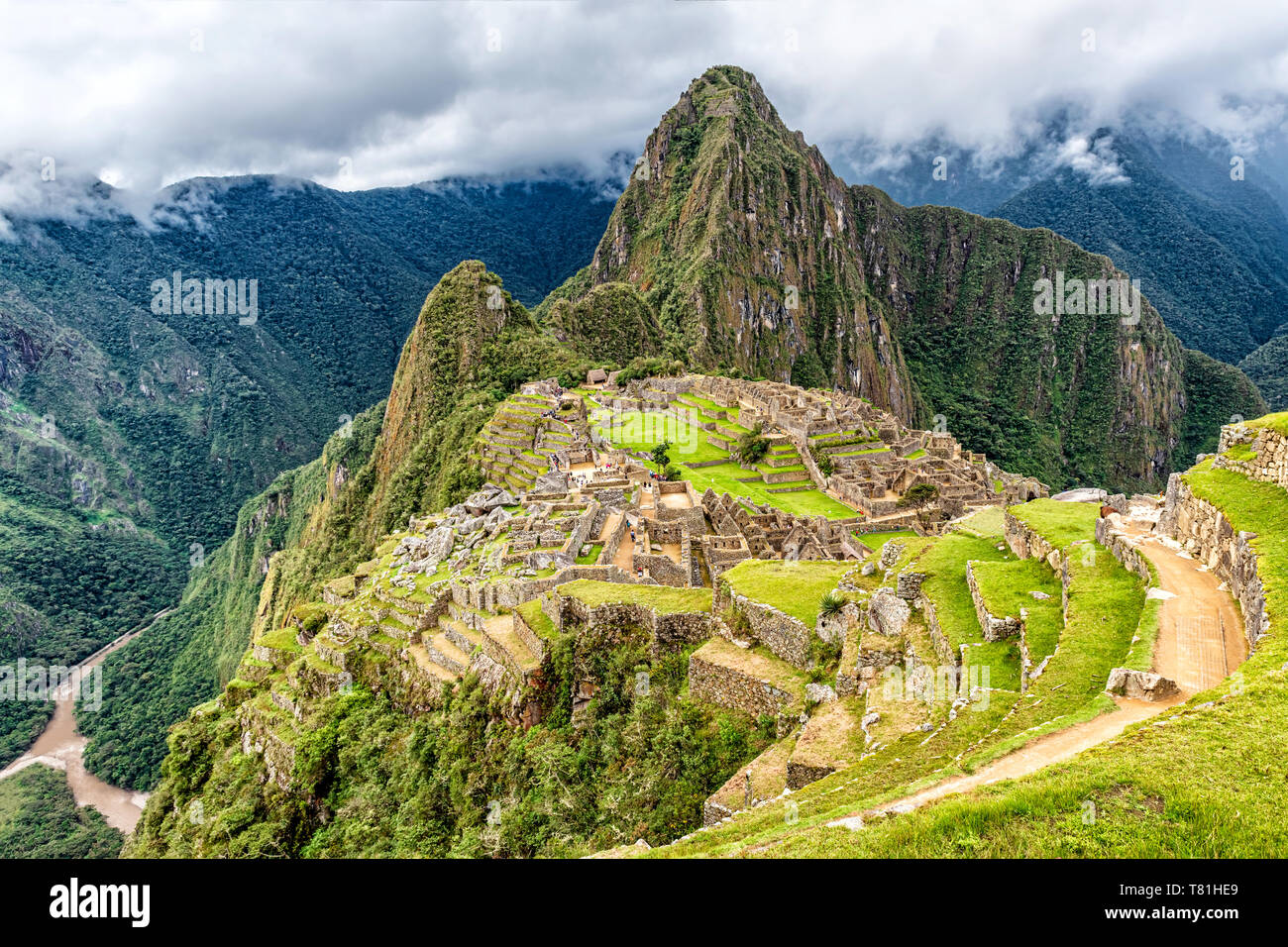 On the climb to the peak of Machu Picchu mountain aerial view at the ...