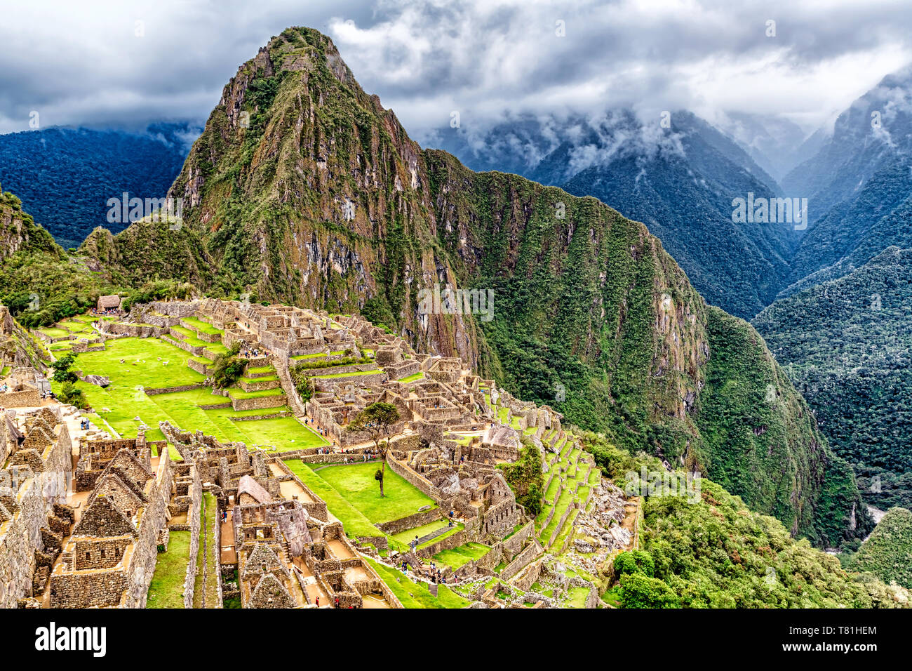 On the climb to the peak of Machu Picchu mountain aerial view at the ...