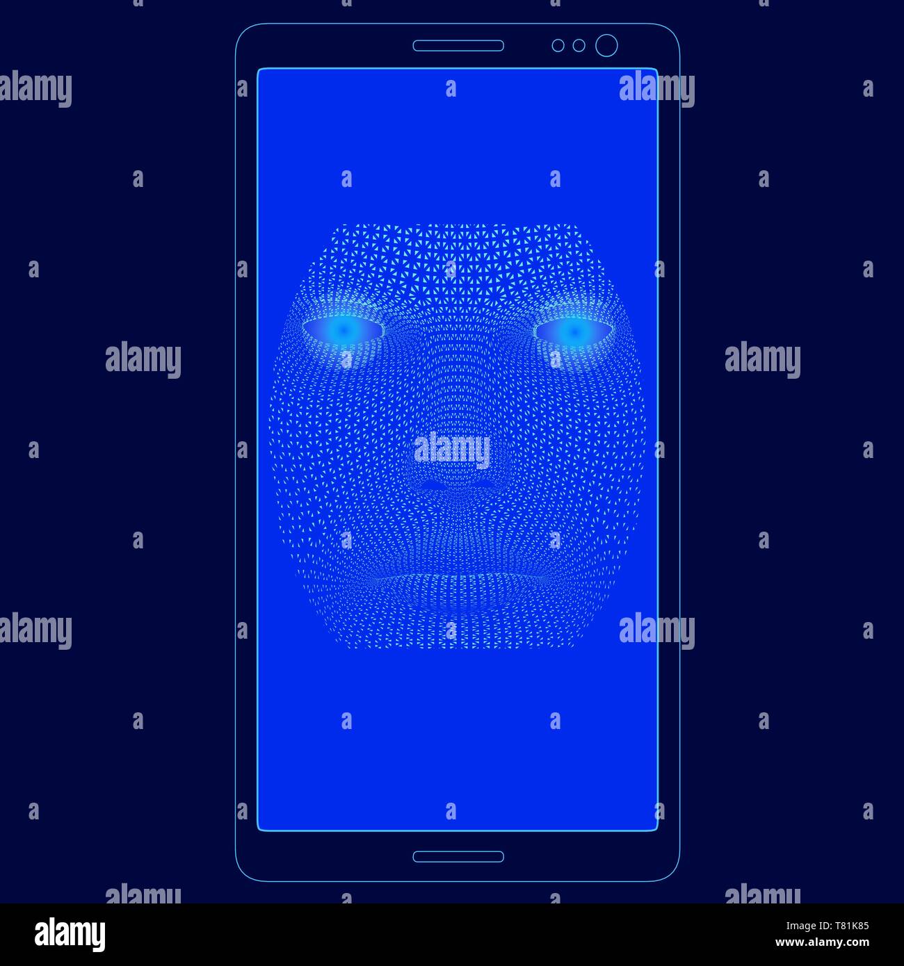 Vector illustration of a phone with an abstract face on the screen ...