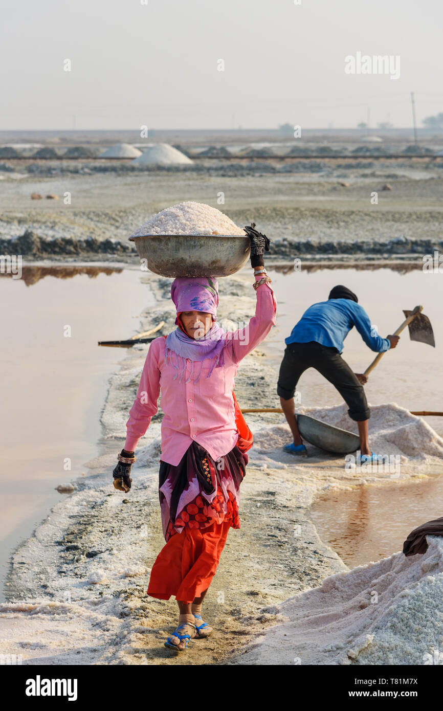 Sambhar, India - February 04, 2019: Indian woman carrying basin with ...