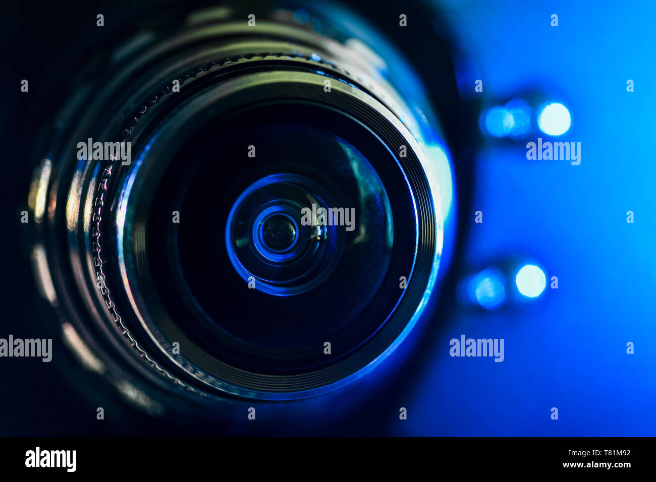 The camera lens and blue backlighting . Horizontal photography Stock ...