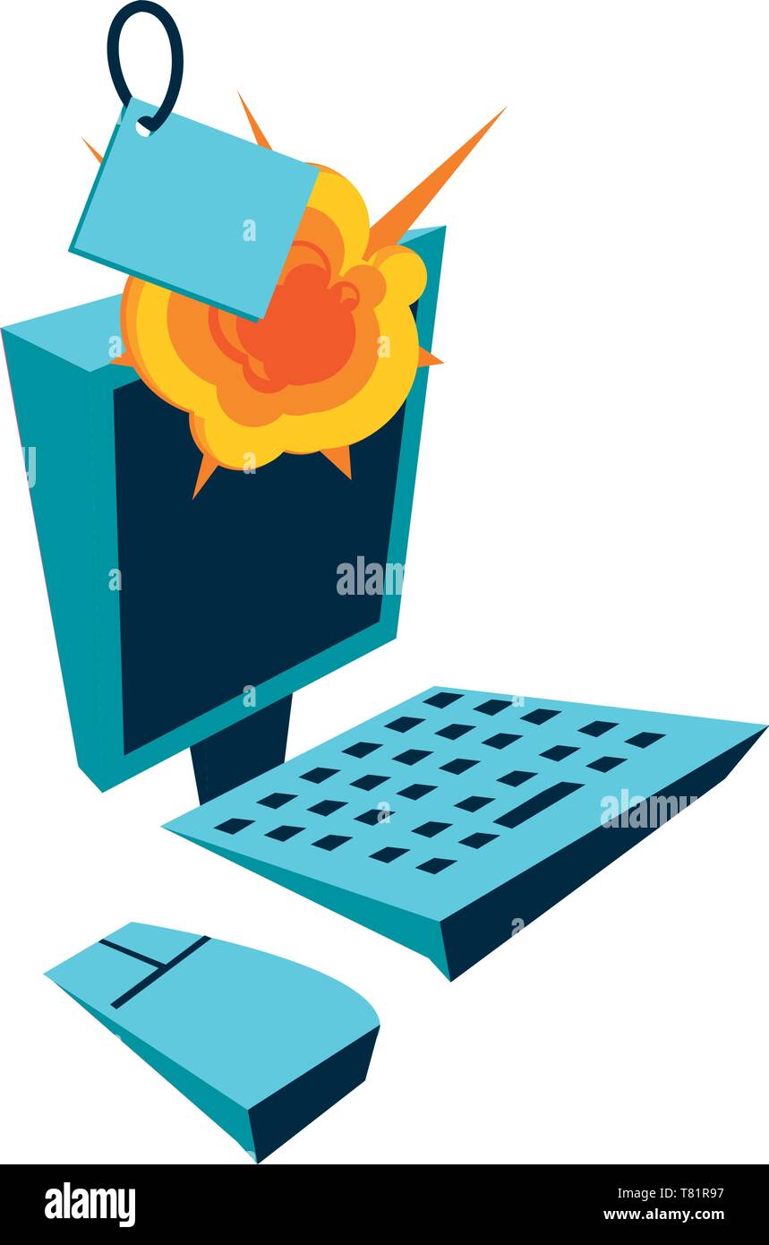 desktop computer with tag commercial and explosion vector illustration ...