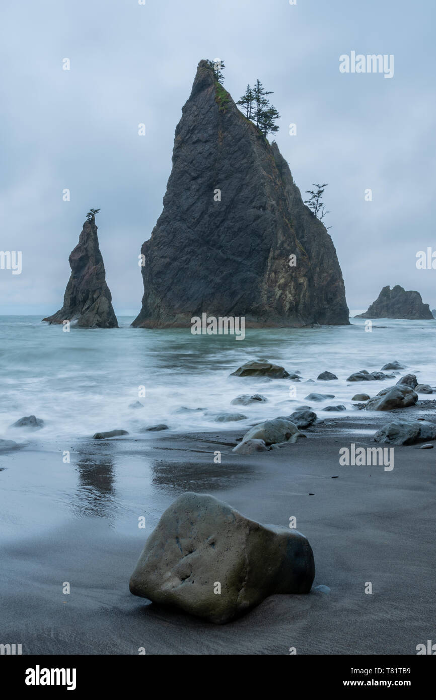 Rocks and Sea Stack Long Exposure along Olympic coastline Stock Photo ...