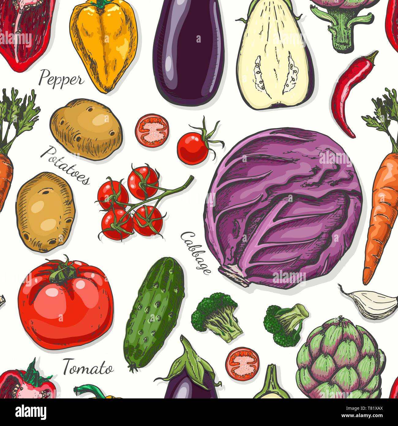 Seamless pattern with colored vegetables. Vector illustration for your ...