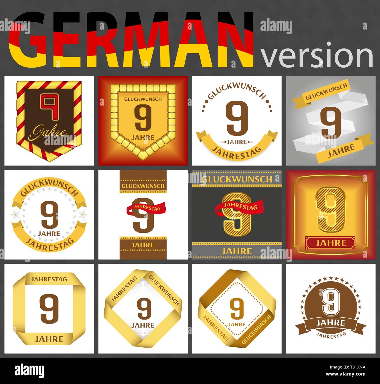 German set of number nine years (9 years) celebration design ...
