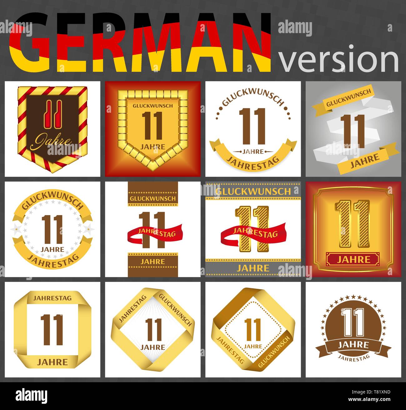 German set of number eleven years (11 years) celebration design ...