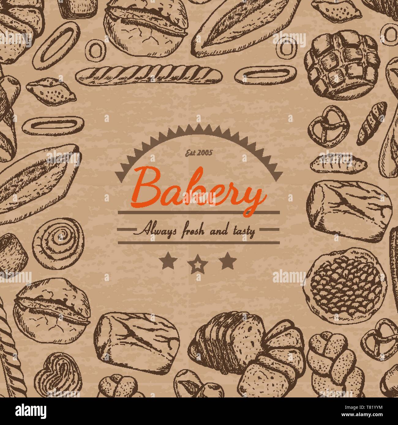 Vector background with various bakery products. Vector illustration for ...