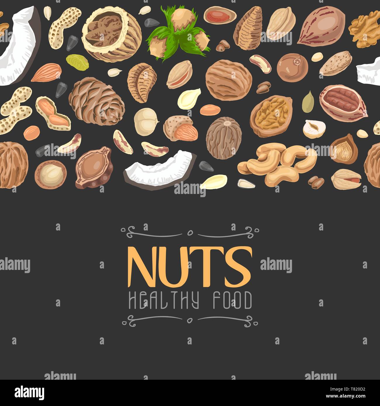 Horizontal seamless background with colored nuts and seeds. Vector ...