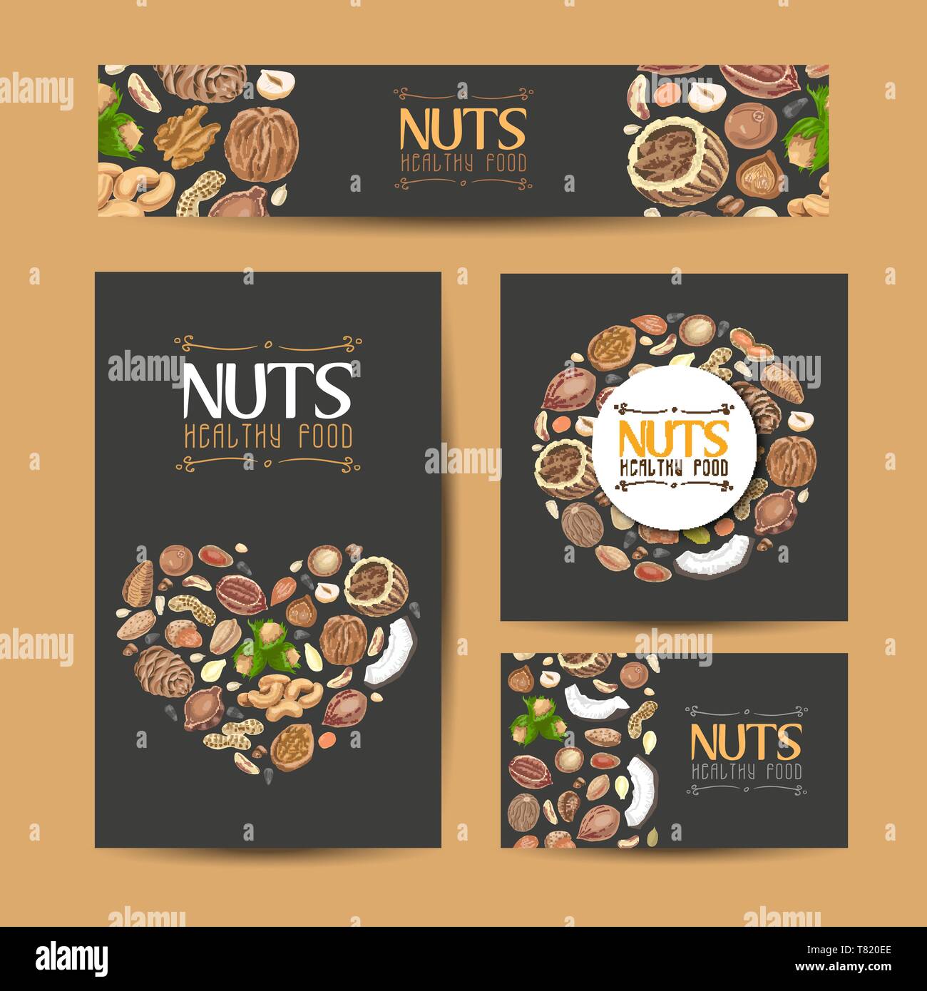 Set of vector cards with nuts and seeds. Vector illustration for your ...