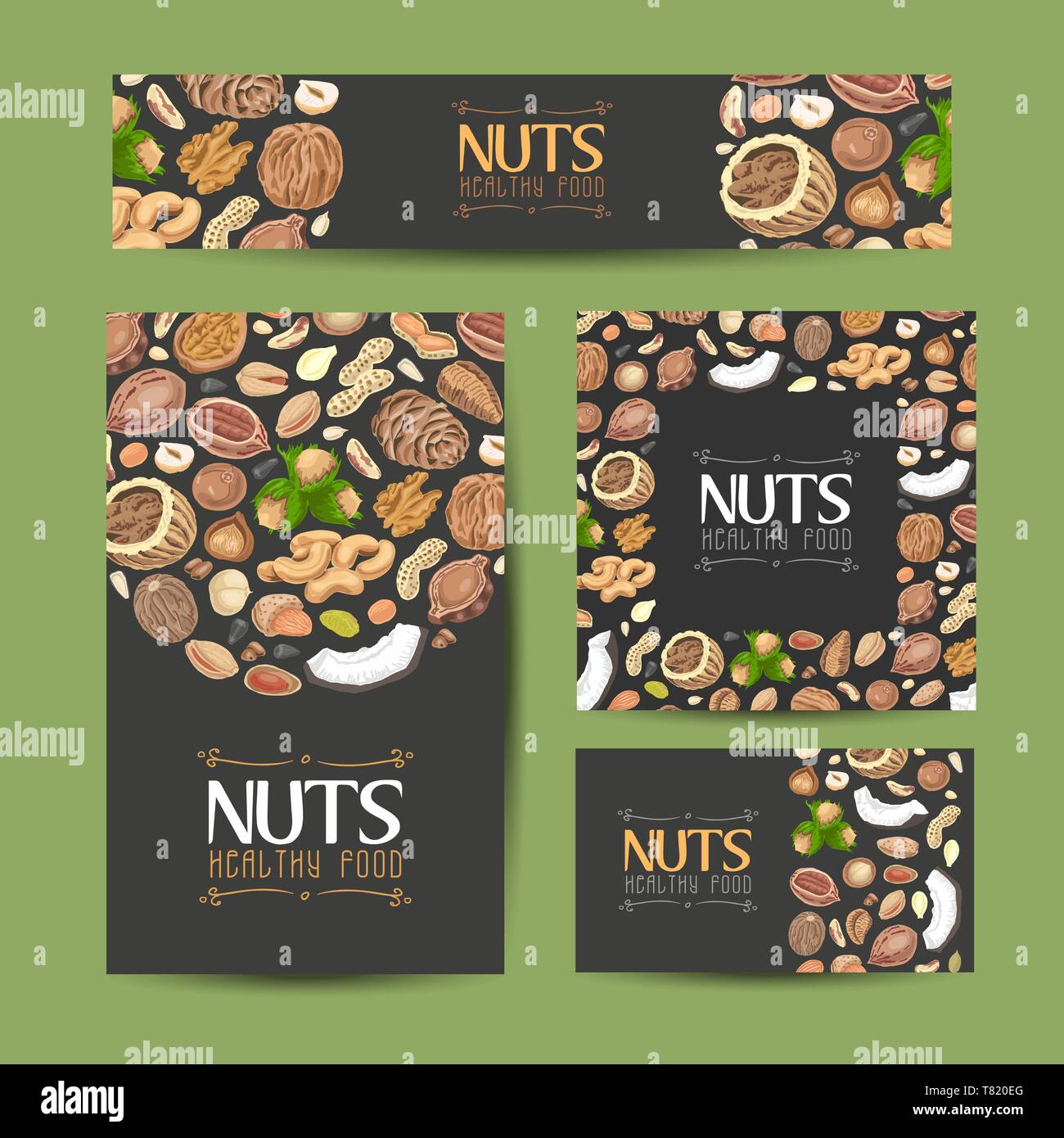 Set of vector cards with nuts and seeds. Vector illustration for your ...