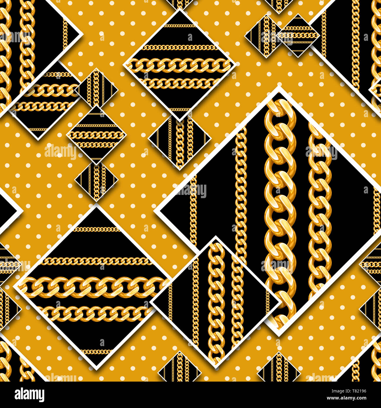 Seamless patchwork square chains pattern with dots on yellow background ...