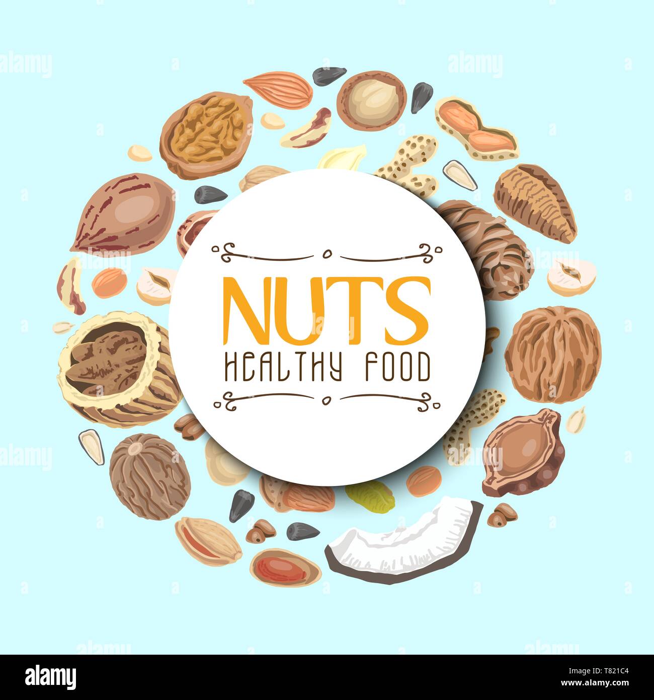 Vector background with nuts arranged in a circle. Vector illustration ...