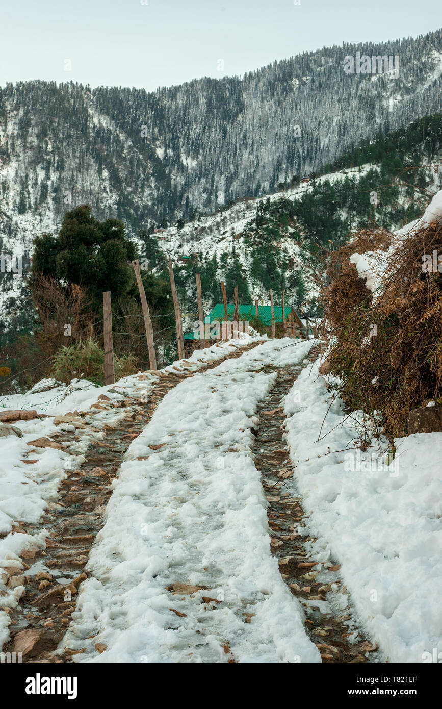 Road in Snow - Majestic winter landscape in himalayas - India Stock ...