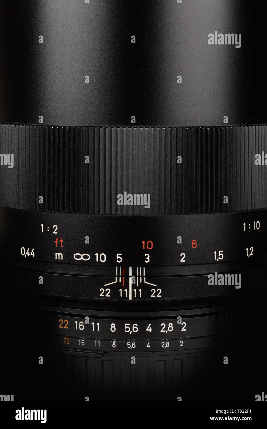 Camera lens close up: aperture and distance scale view Stock Photo - Alamy