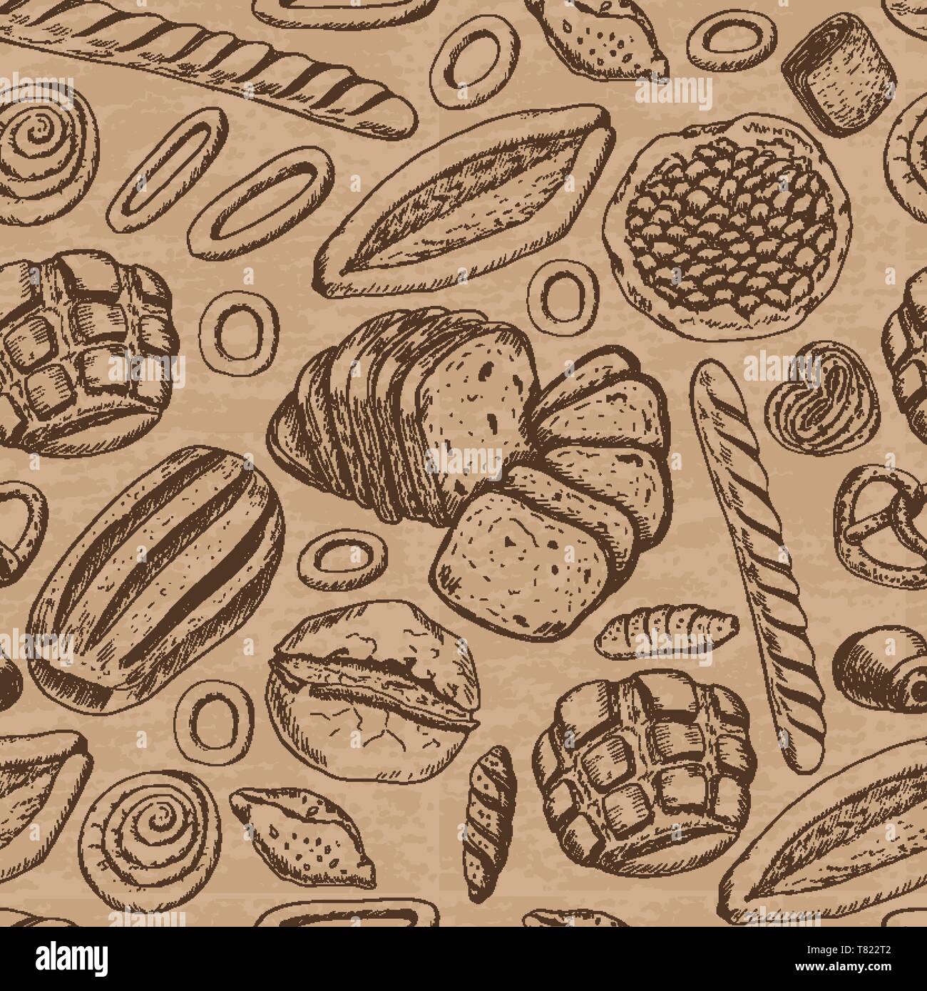 Seamless pattern with a variety of bakery products. Vector illustration ...