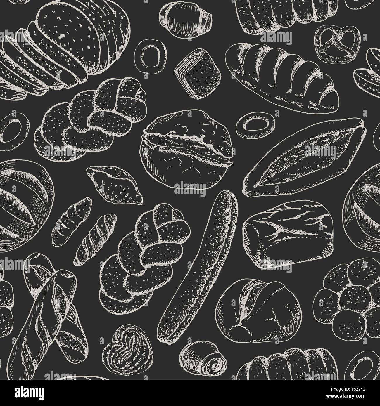 Seamless pattern with a variety of bakery products. Vector illustration ...