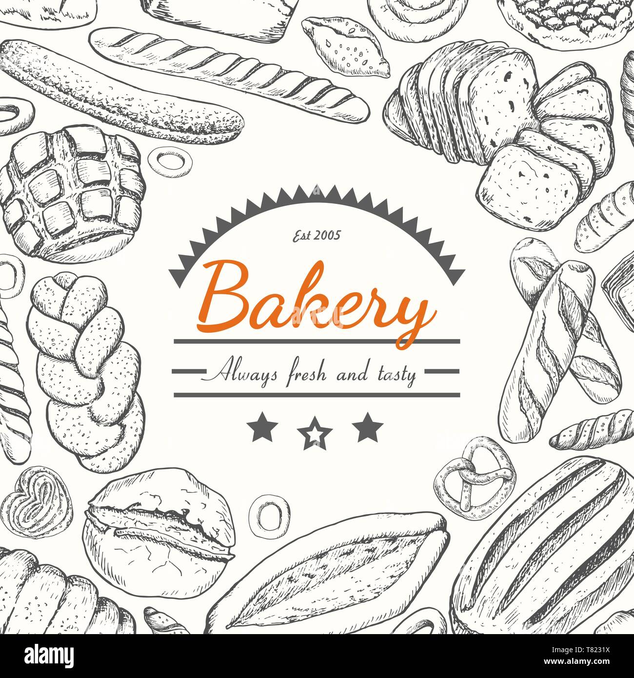 Vector background with various bakery products. Vector illustration for ...