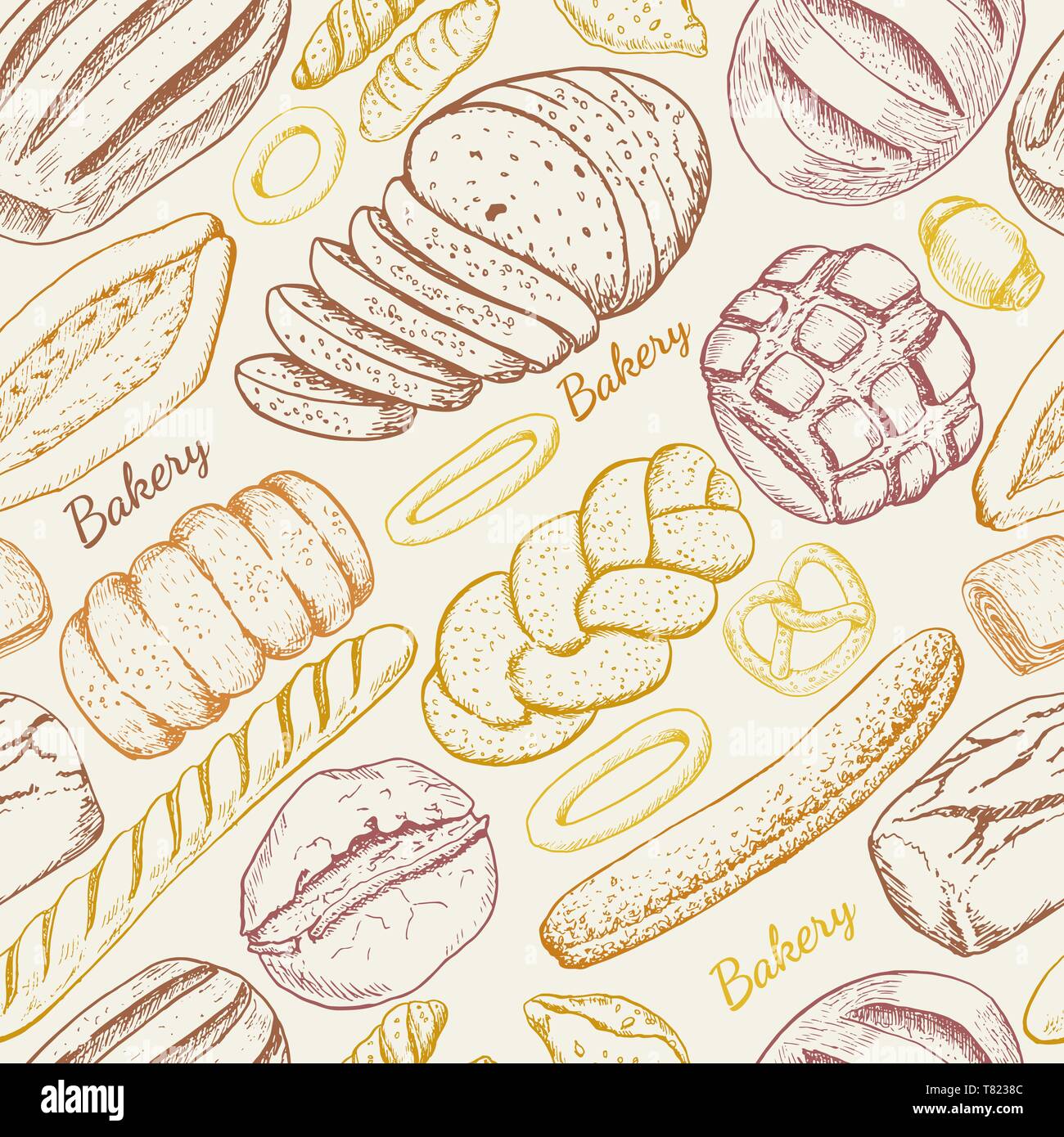 Seamless pattern with a variety of bakery products. Vector illustration ...