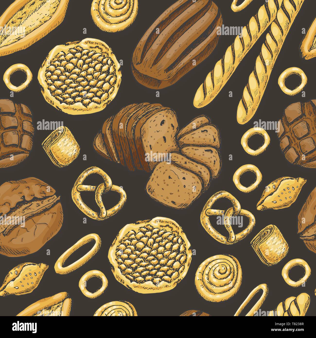 Seamless pattern with a variety of bakery products. Vector illustration ...