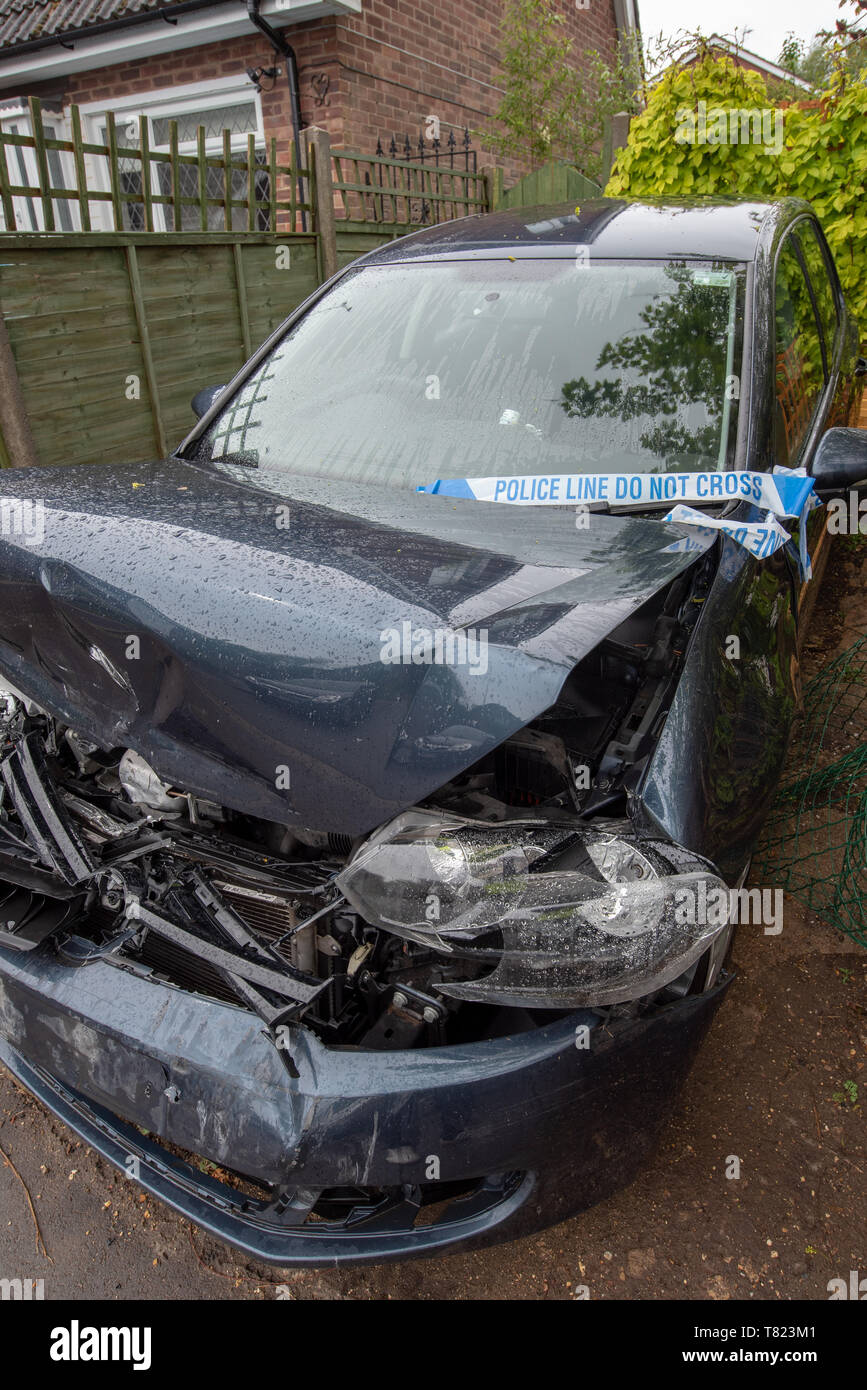 Car crash, blue/grey Volkswagen Golf vehicle Police tape and damage ...