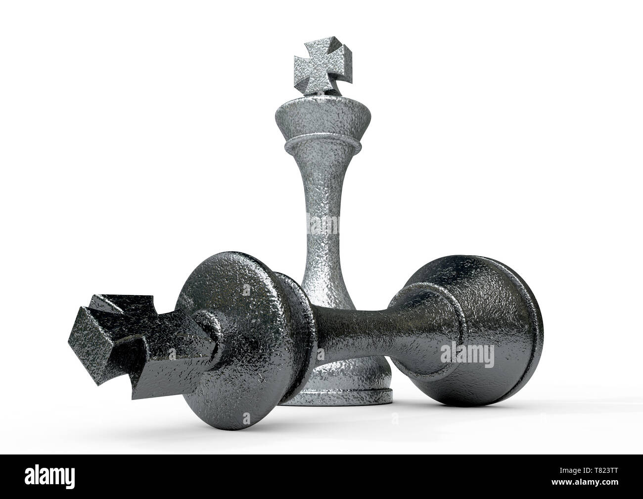 A white metal chess king standing over the fallen black king on an ...