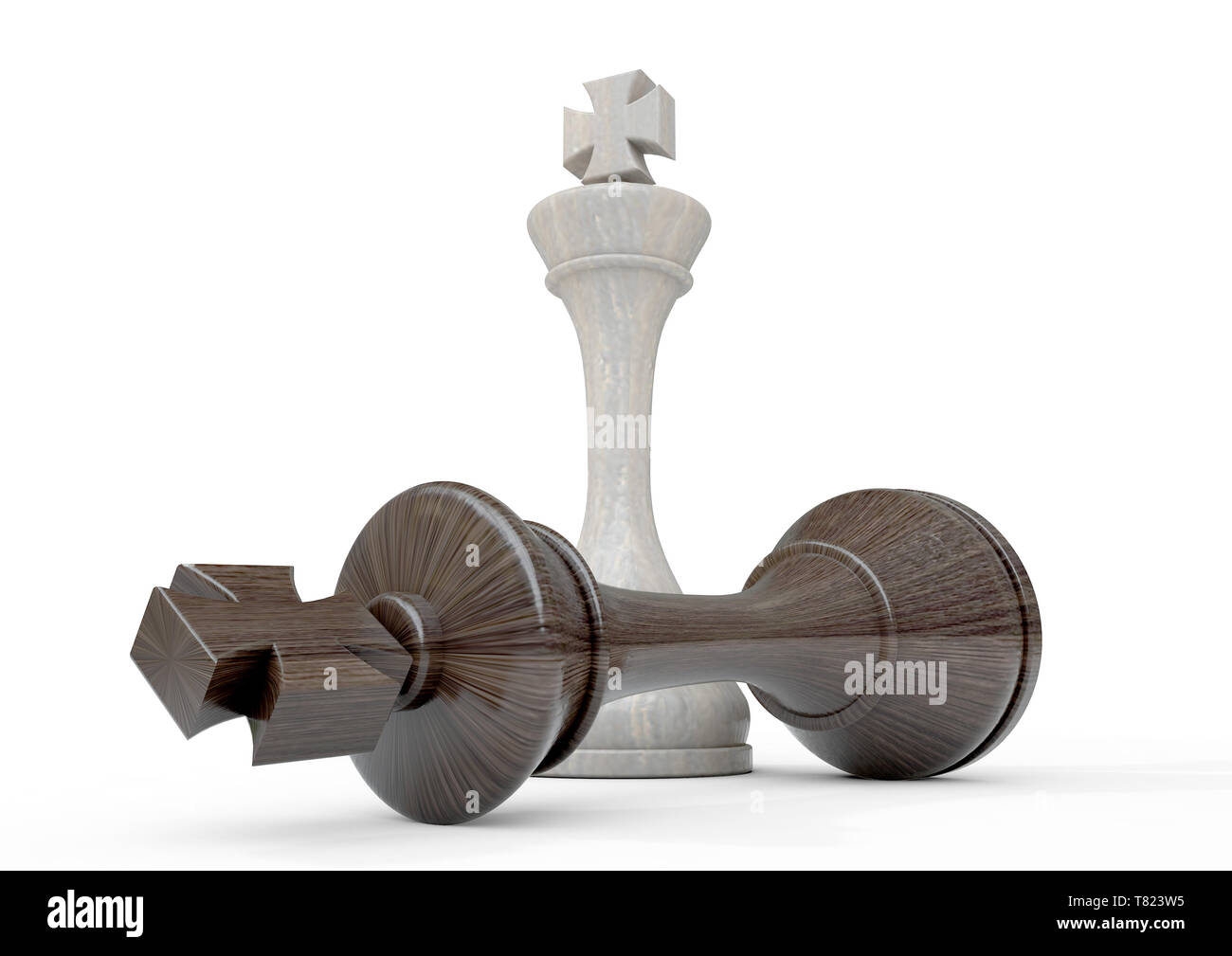 A white wooden chess king standing over the fallen black king on an ...