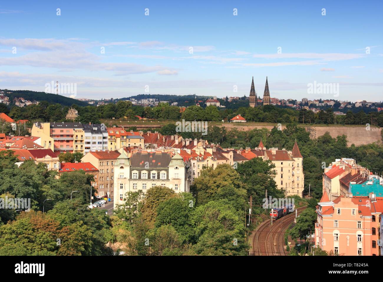 Prague, Czech Republic. Old townscape and railroad tracks seen from ...