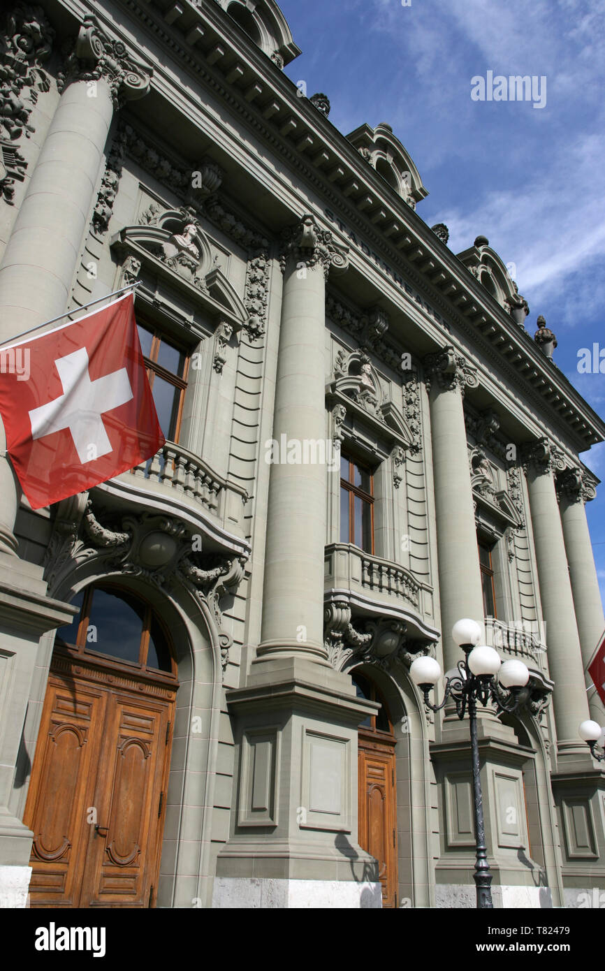 City theater in Berne, Switzerland. Old landmark with Swiss flag Stock ...