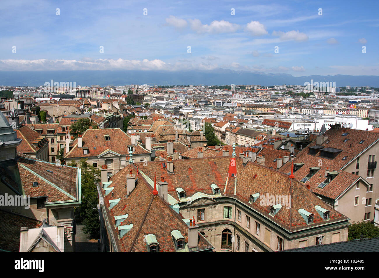 Aerial view of Geneva, Switzerland, seen from the top of cathedral ...