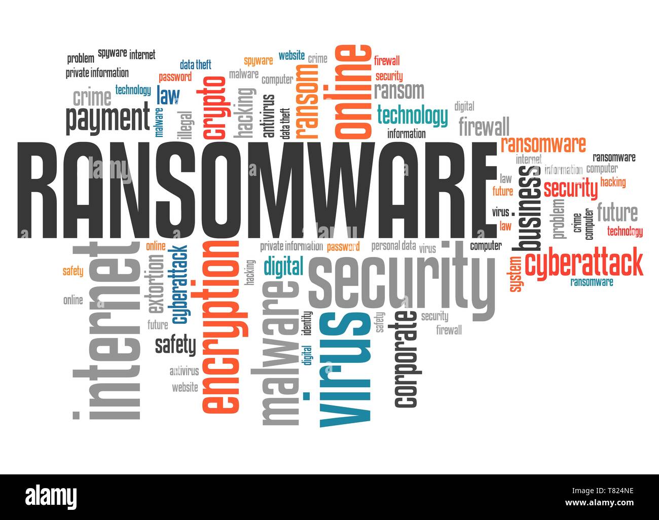 Ransomware virus - compromised computer security concept. Word cloud ...