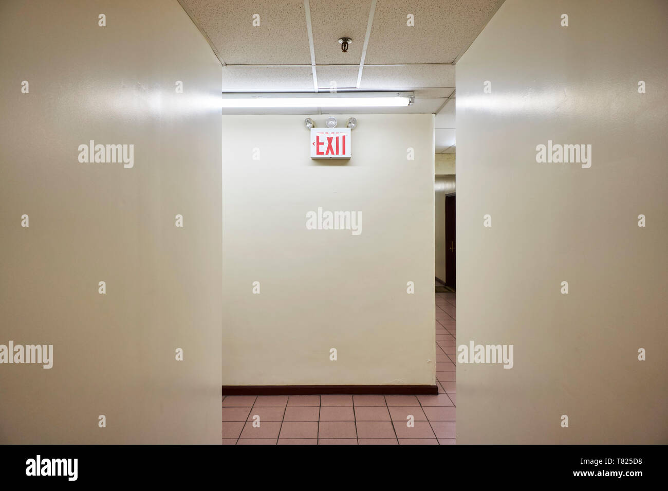 Exit sign in the hallway of a renovated Brooklyn apartment building ...