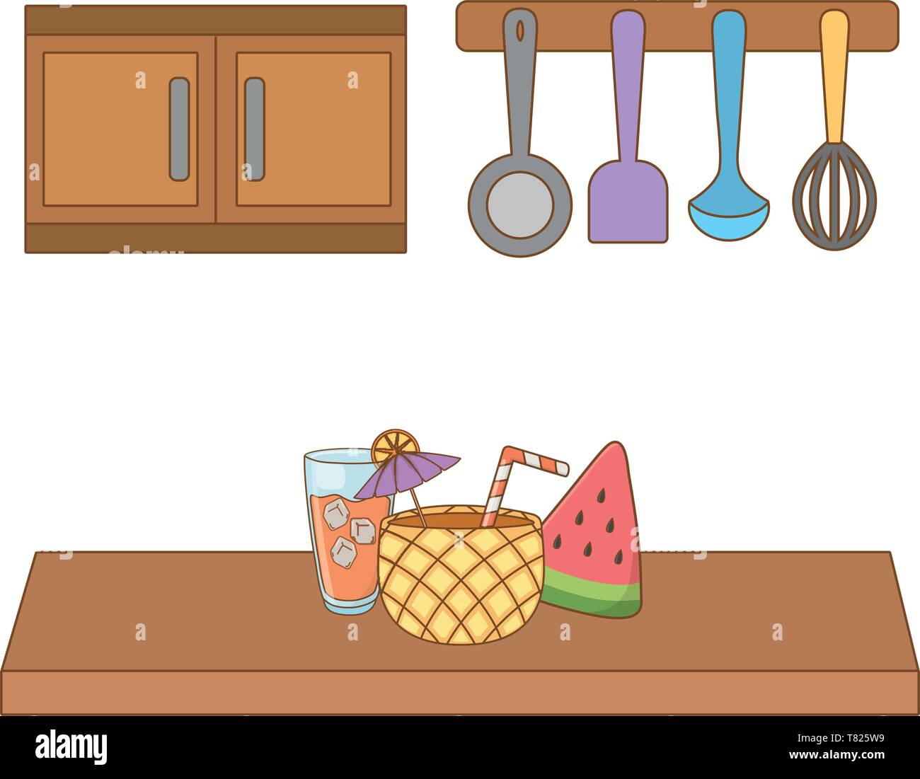 kitchen cookware with cold drinks and watermelon kitchen cartoon vector ...