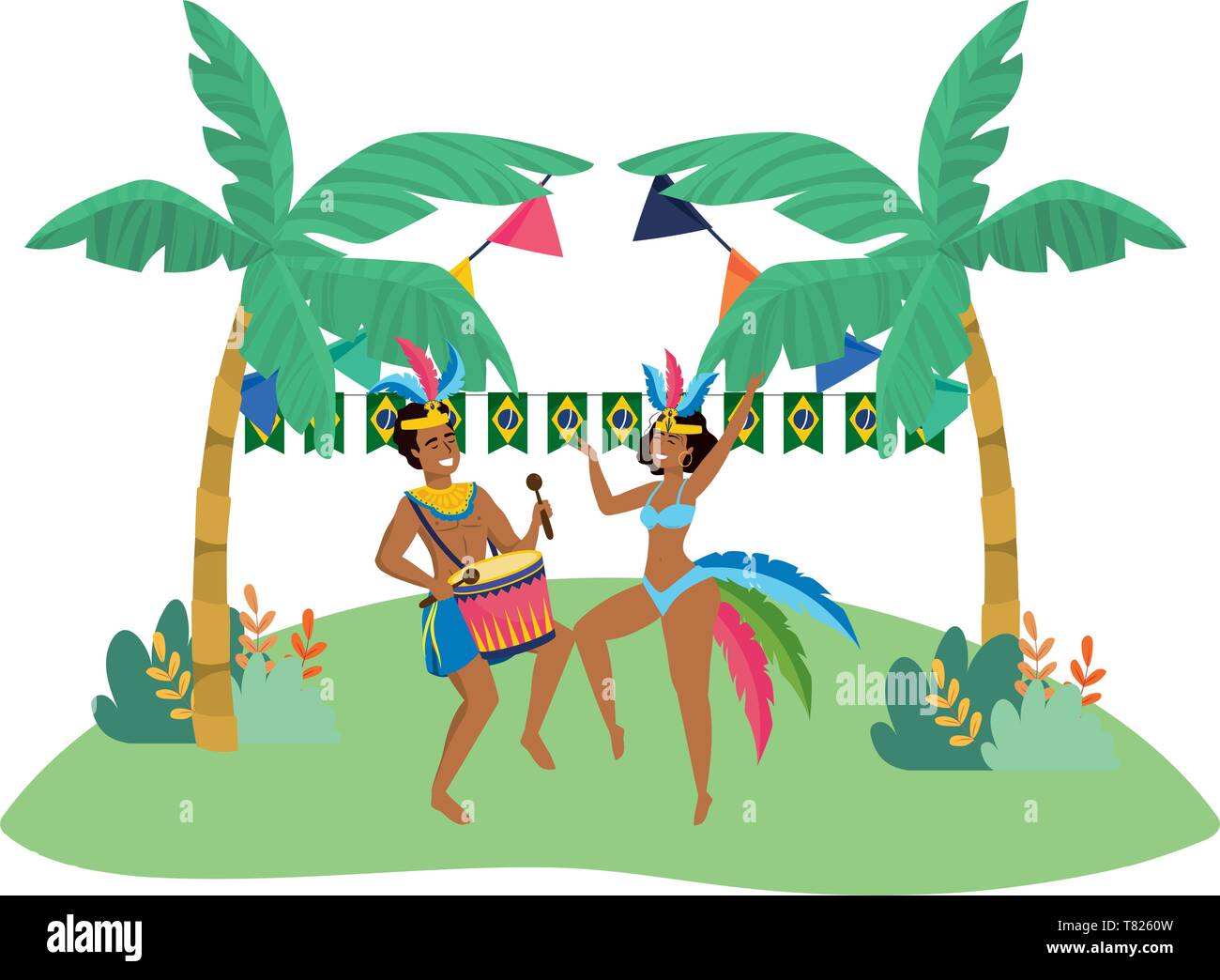 native couple dancing celebrating with drum brazil carnival on beach ...