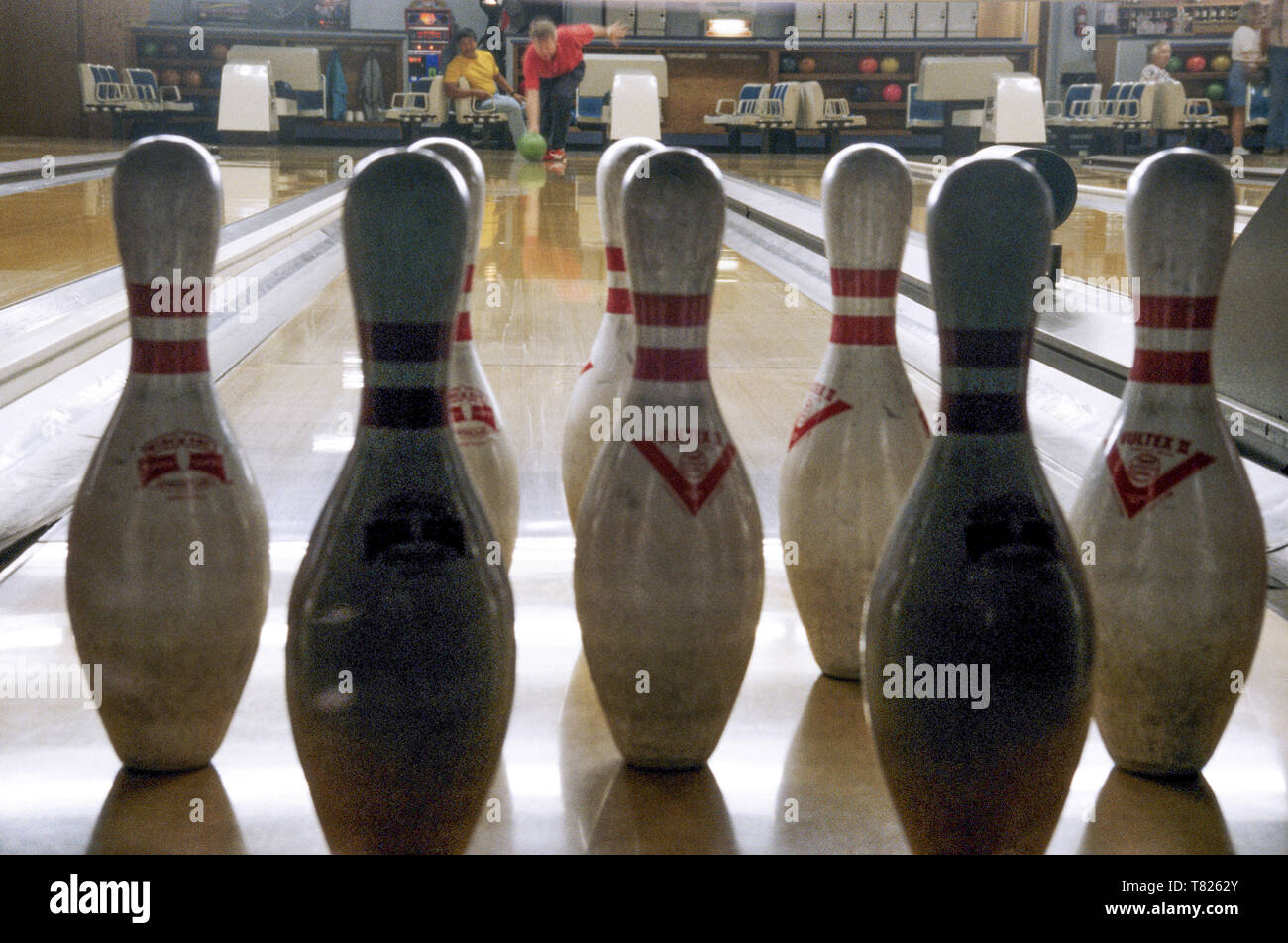 Pins set in a bowling alley shot from behind, USA Stock Photo - Alamy